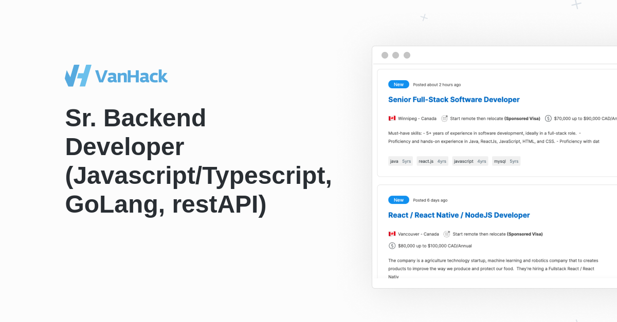 Sr. Backend Developer (Javascript/Typescript, GoLang, restAPI) - VanHack